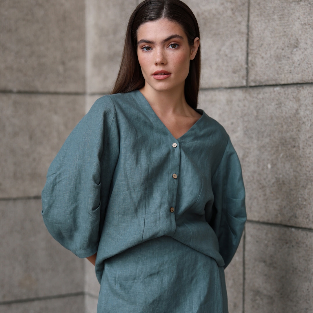 Balloon Sleeve Linen Blouse, Oversized Linen Top With Sculpted Sleeves ...