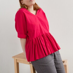 RED LINEN TOP With Ruffled Peplum, Half Sleeve Linen Cotton Top, Plus ...