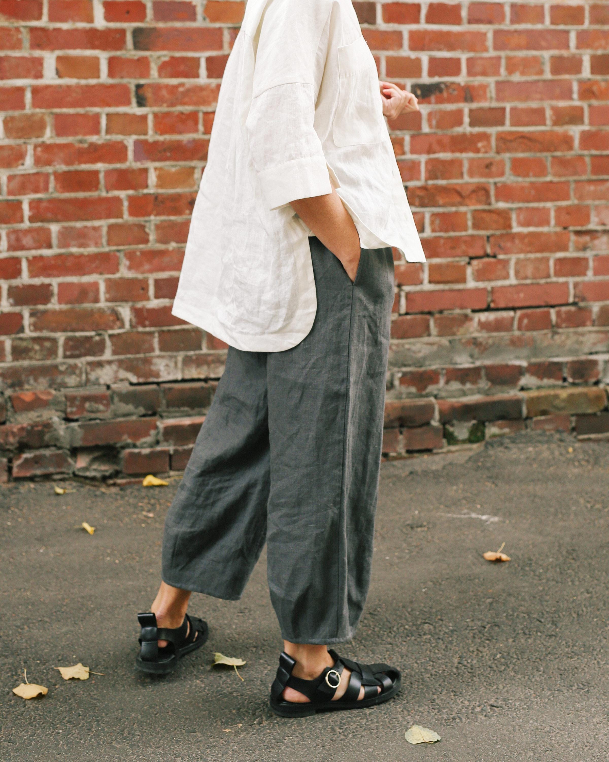 Barrel Linen Pants for Women, Cropped Wide Leg Summer Pants, High Waist ...