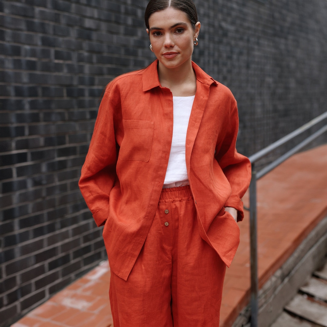 LINEN PANT SET, Two Pieces Set for Women, Linen Shirt and Pants Set ...