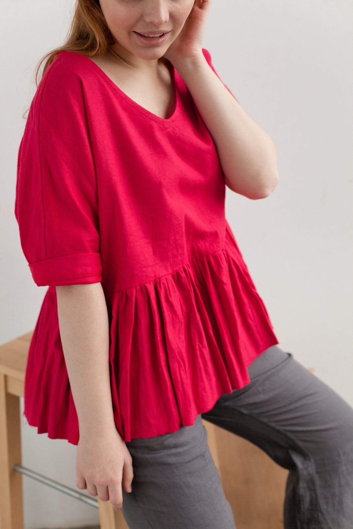 RED LINEN TOP with Ruffled peplum Half Sleeve Linen Cotton | Etsy