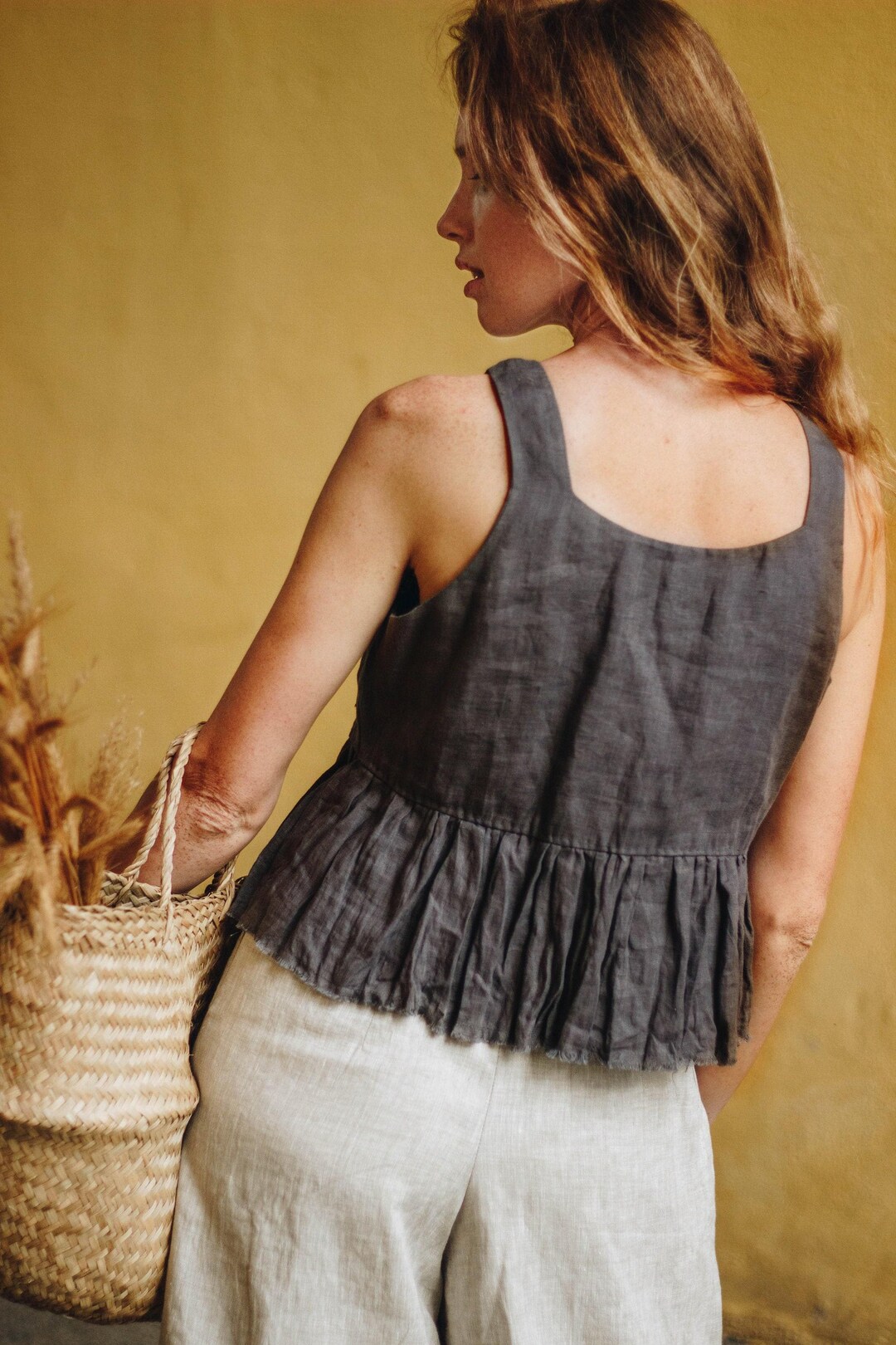 Linen Crop Top SUZY, Linen Ruffle Blouse, Linen Tank Top - Etsy