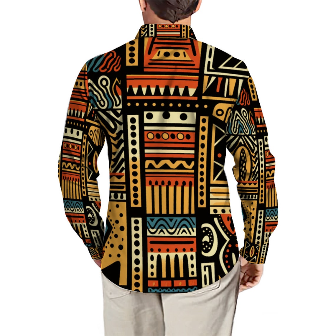 African Mudcloth-inspired Men's Fit Camp Collar Long Sleeve Shirt With ...