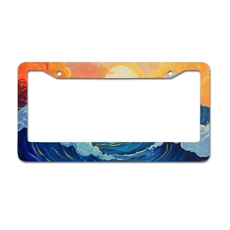 Colorful Ocean Wave and Sunset Anti Theft License Plate Frame With 2 ...