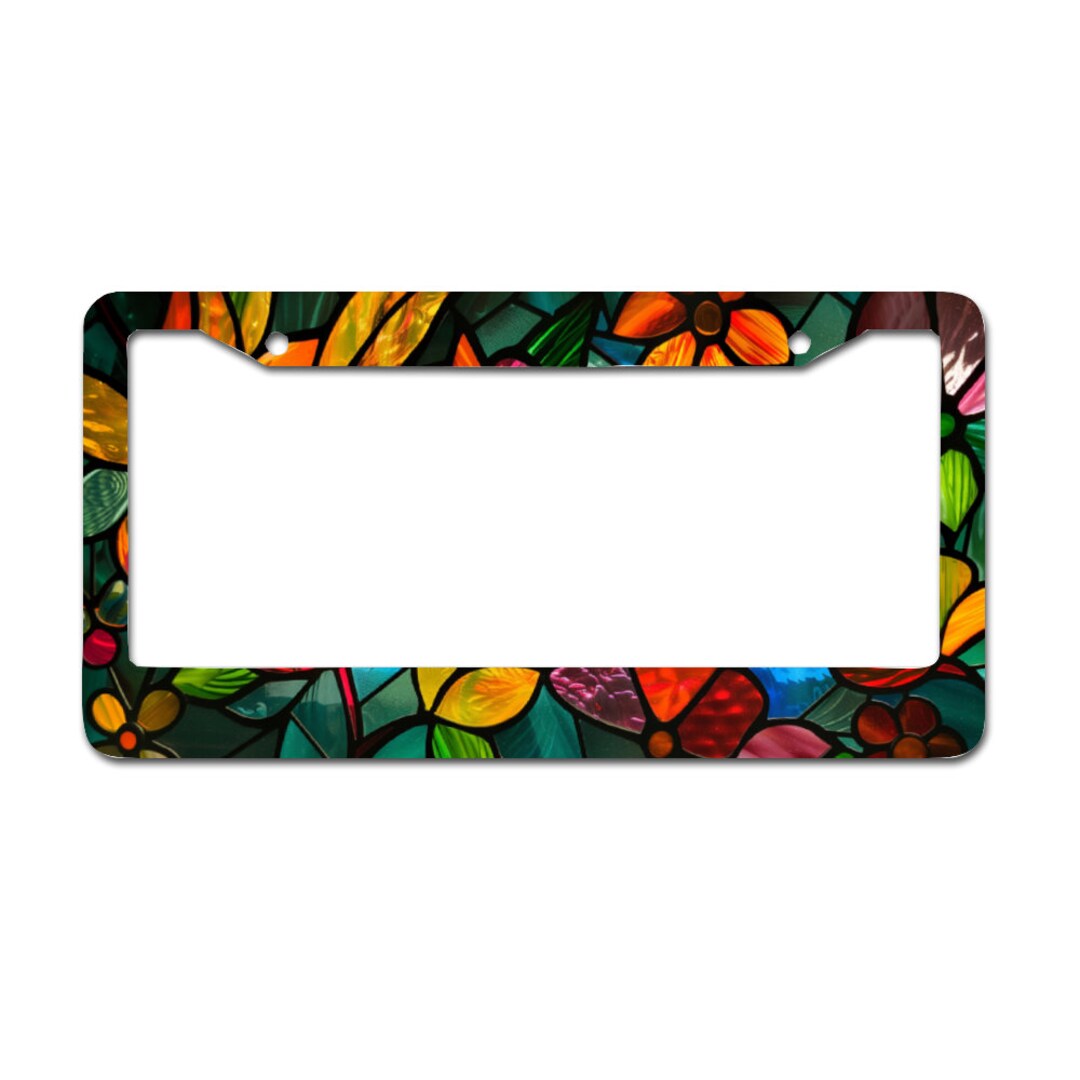 Stained Glass Floral Anti Theft License Plate Frame With 2 Holes 1 Side ...