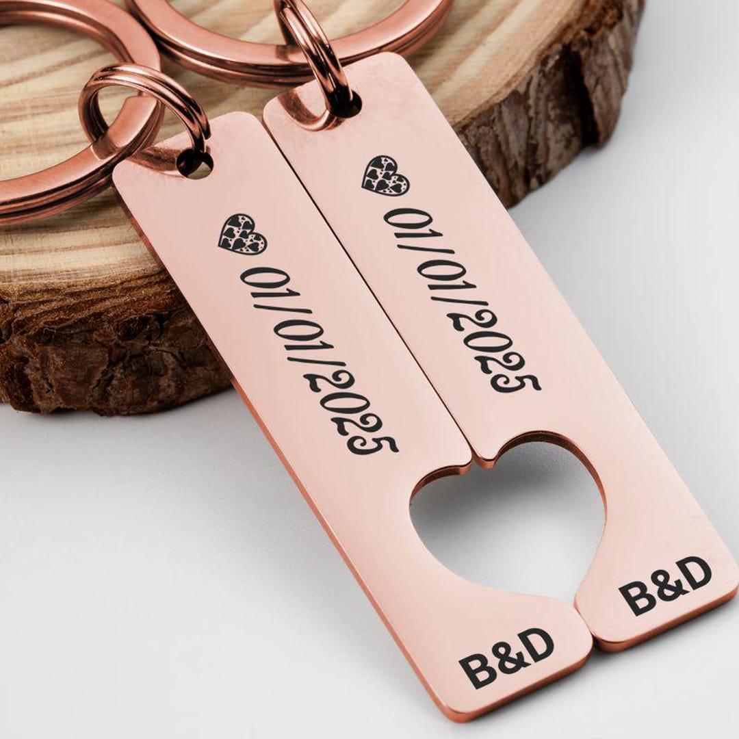Custom Engraved Heart Couple Keychain Personalized 2 Pcs Matching ...