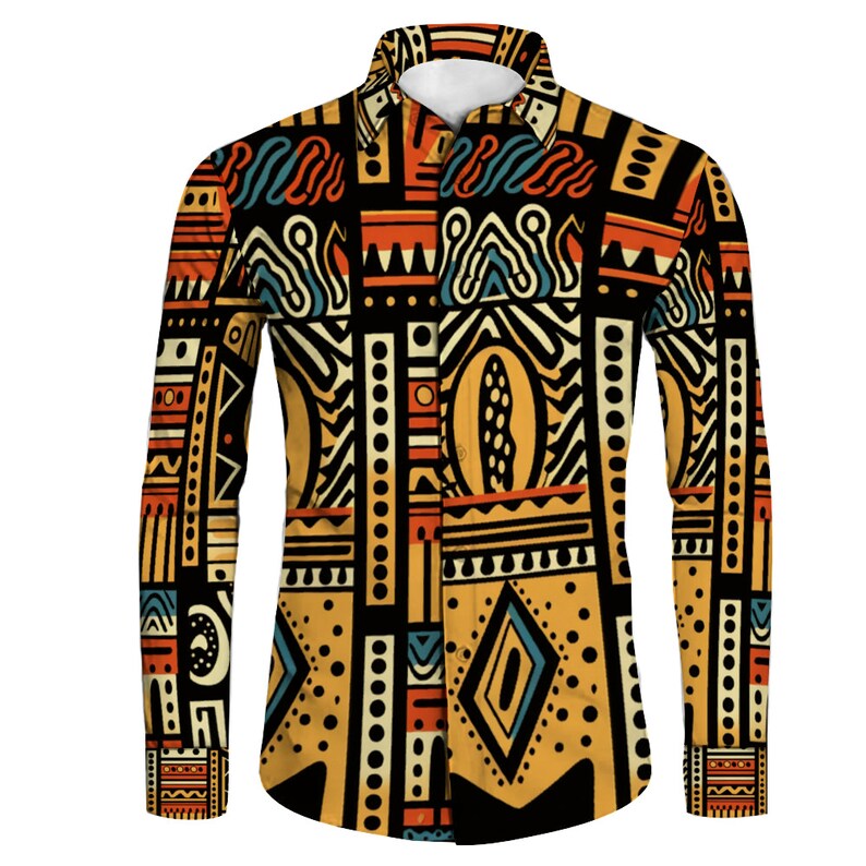 African Mudcloth-inspired Men's Fit Camp Collar Long Sleeve Shirt With ...