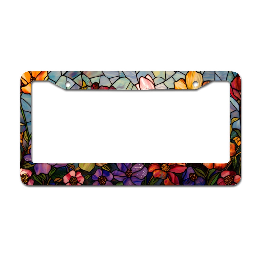 Colorful Stained Glass Floral Anti Theft License Plate Frame With 2 ...