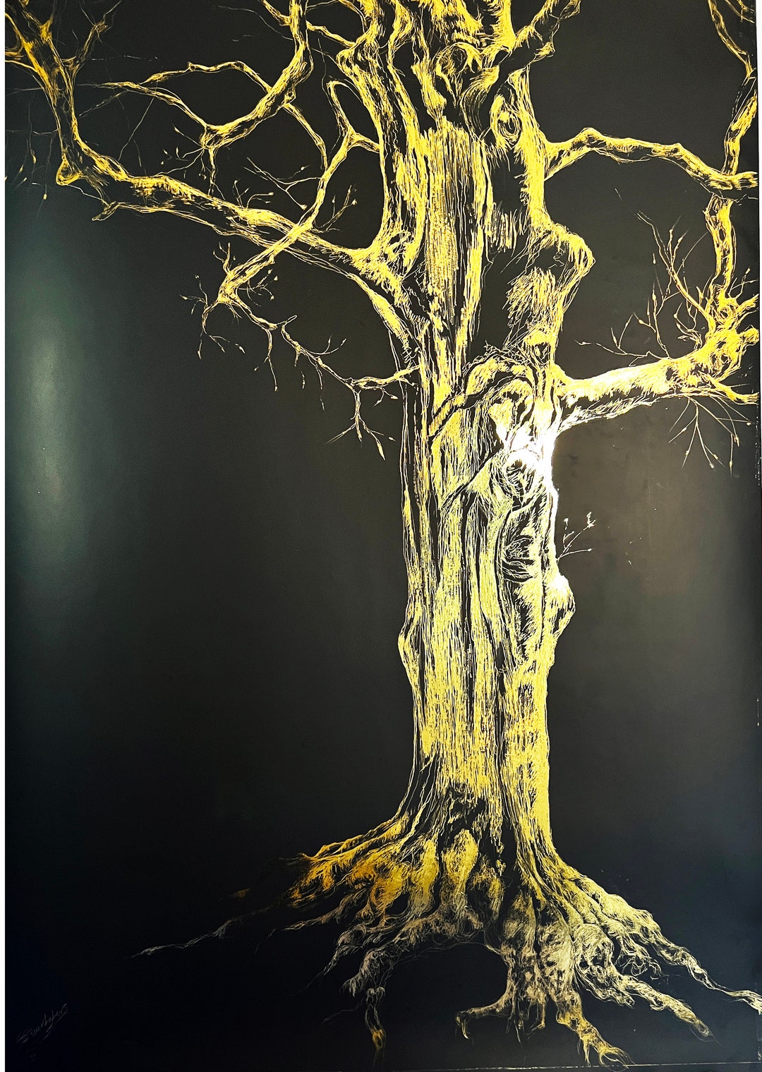 Huge Gold and Black Drawing, Hand-scratched Drawing of a Tree, Tree of ...
