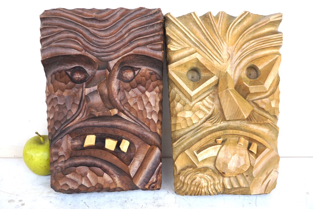 2 Vintage Mask Wooden Mask Head Carved Wood Carving Switzerland Germany ...