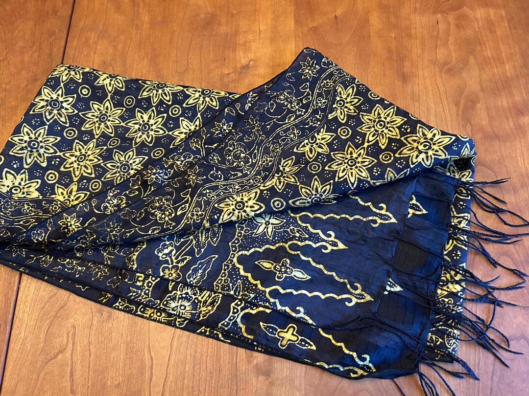 Vintage Indonesian Lightweight Silk Scarf: Hand-knotted Fringe, Navy ...