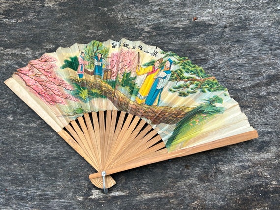 Vintage Chinese Paper Hand Fan Hand Painted Bamboo a… - Gem