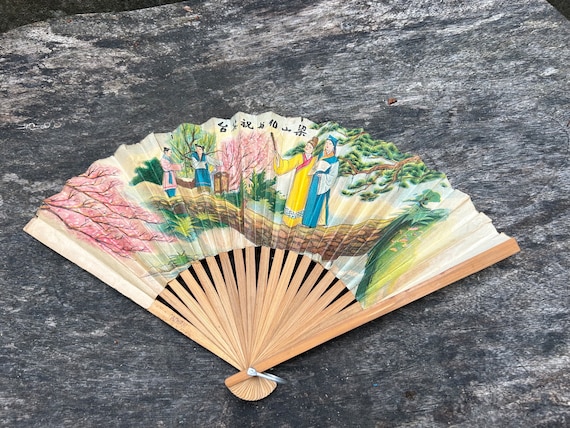 Vintage Chinese Paper Hand Fan Hand Painted Bamboo a… - Gem