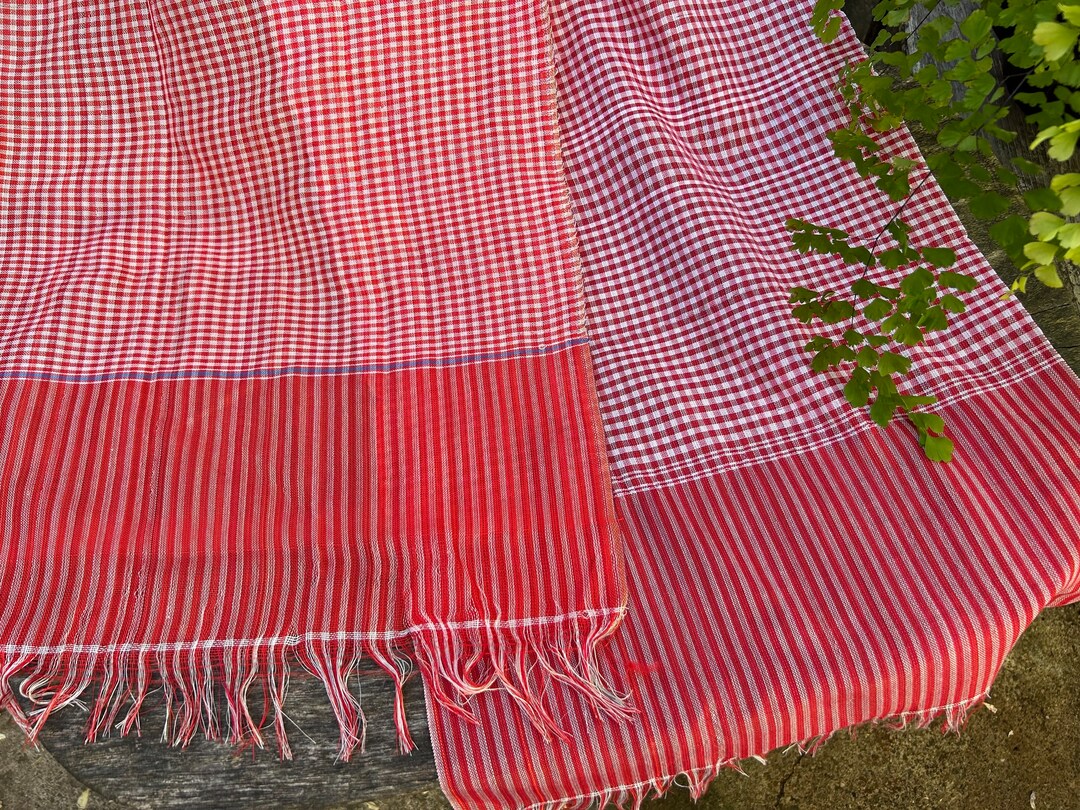 Vintage Cambodian Khmer Krama Scarf Red White Striped Checked Cotton ...