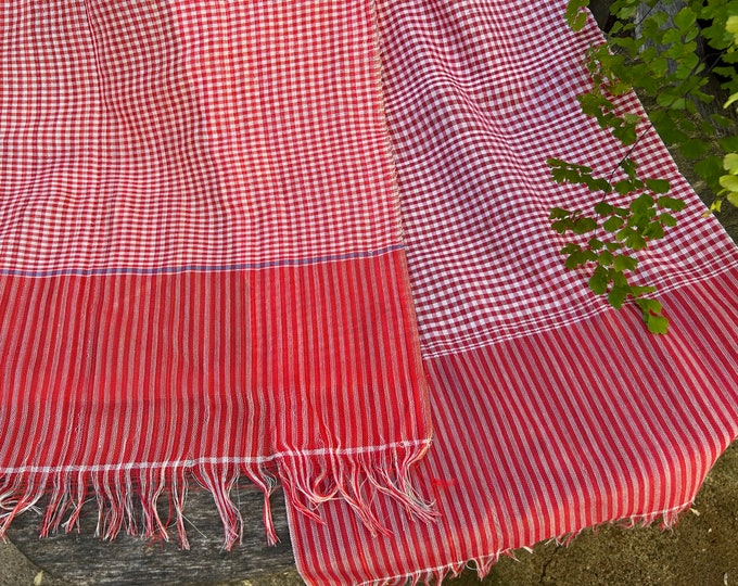 Vintage Cambodian Khmer Krama Scarf Red White Striped Checked Cotton ...