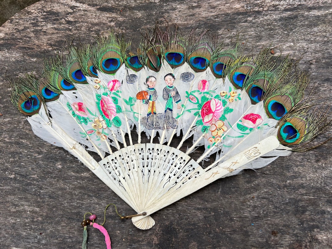 Antique Hand Painted Peacock Feather Folding Hand Fan Chinese ...