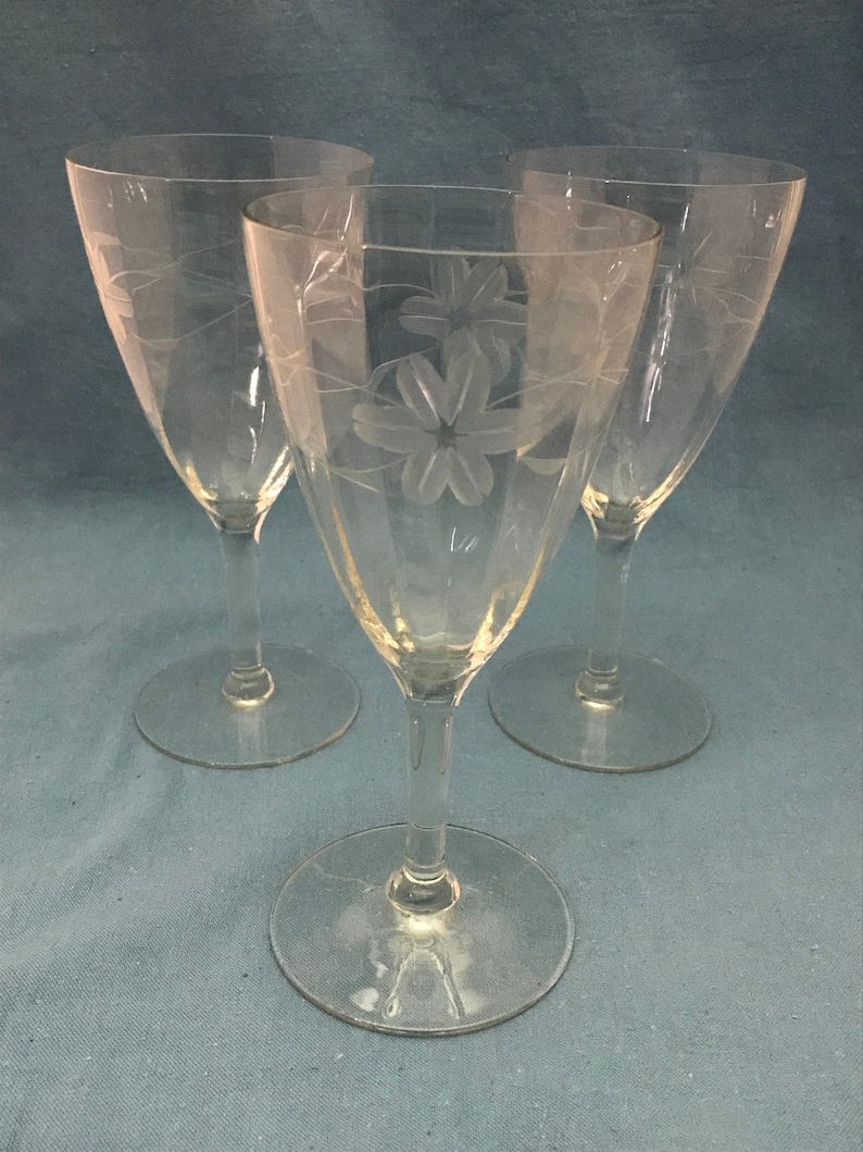 Vintage Panel Floral Etched Water Goblets - Etsy