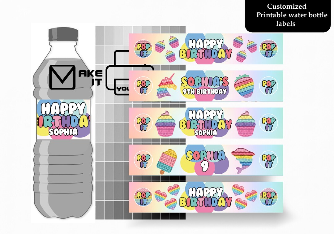 Pop It Water Bottle Label, Pop It Birthday, Pop It Party, Pop It ...