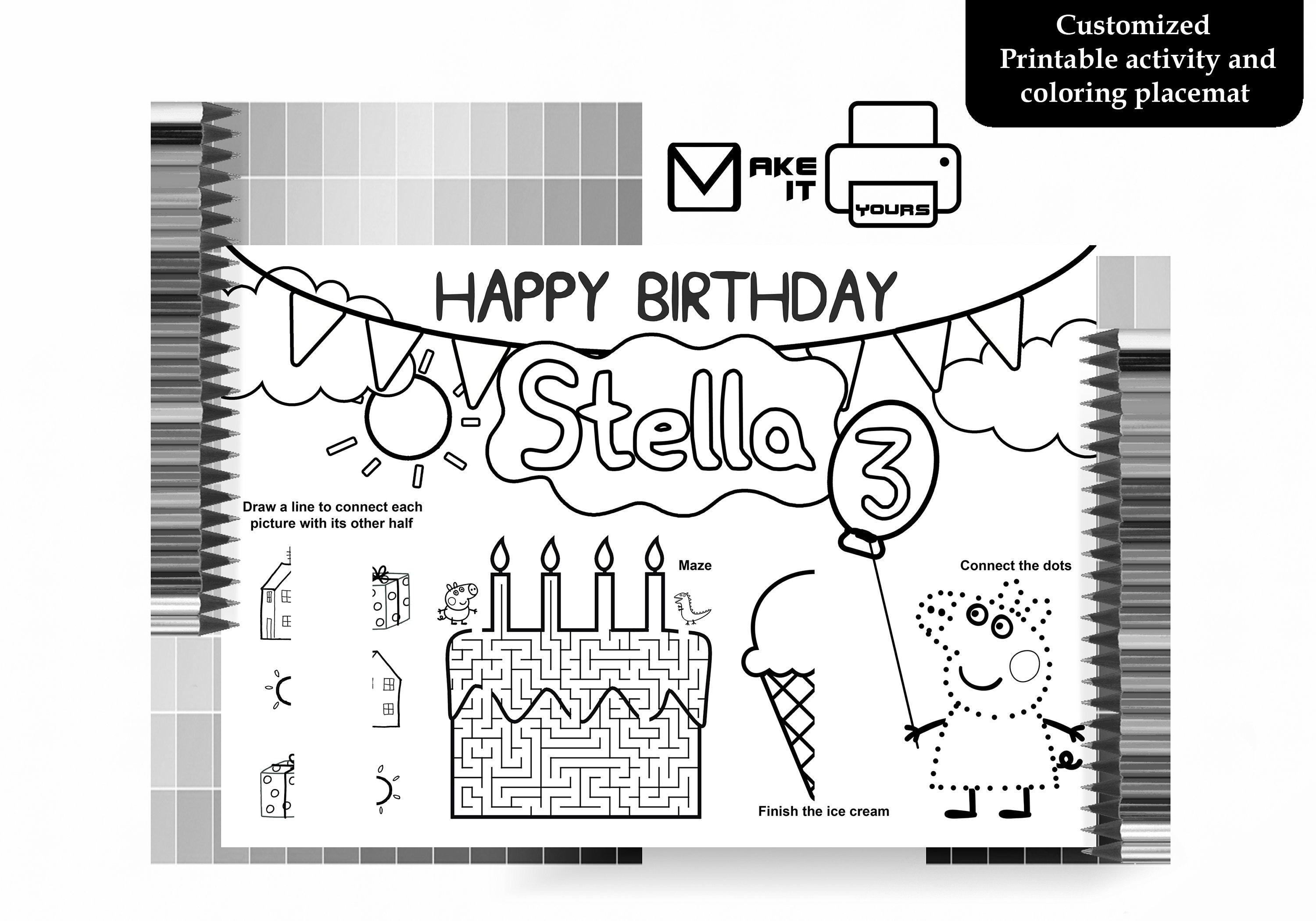 Peppa Pig Placemat, Peppa Pig Activity Placemat, Peppa Pig Coloring ...