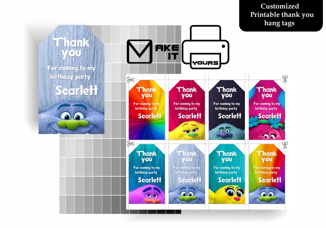 Trolls Thank You Hang Tag, Trolls Birthday, Trolls Party, Trolls ...