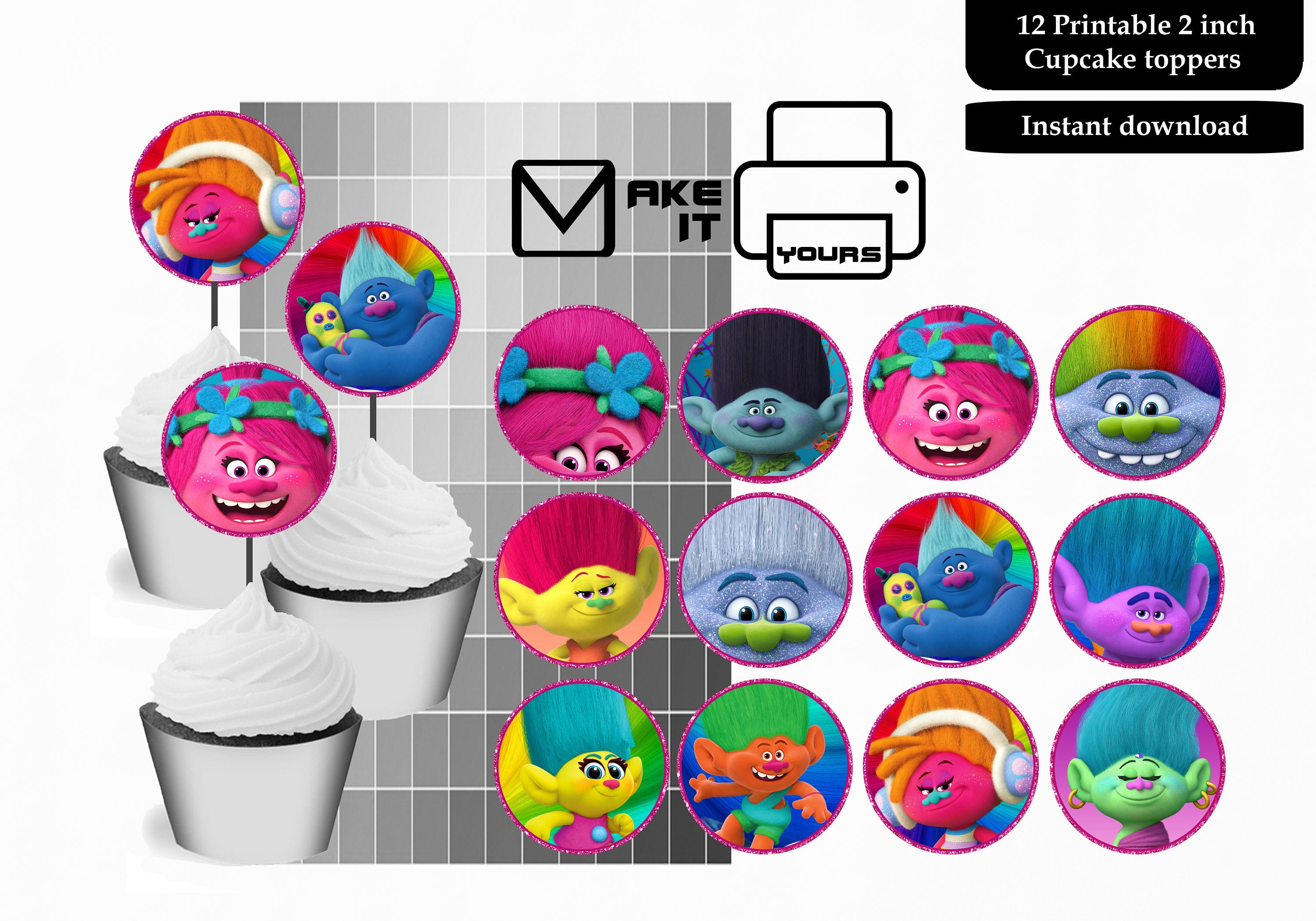 Trolls Cupcake Toppers, Trolls Cake Toppers, Trolls 2 Inch Stickers ...