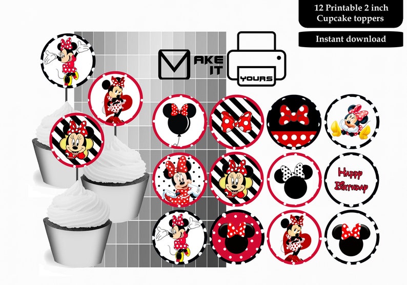 Minnie Mouse Red Cupcake Toppers, Minnie Mouse Birthday, Minnie Mouse ...