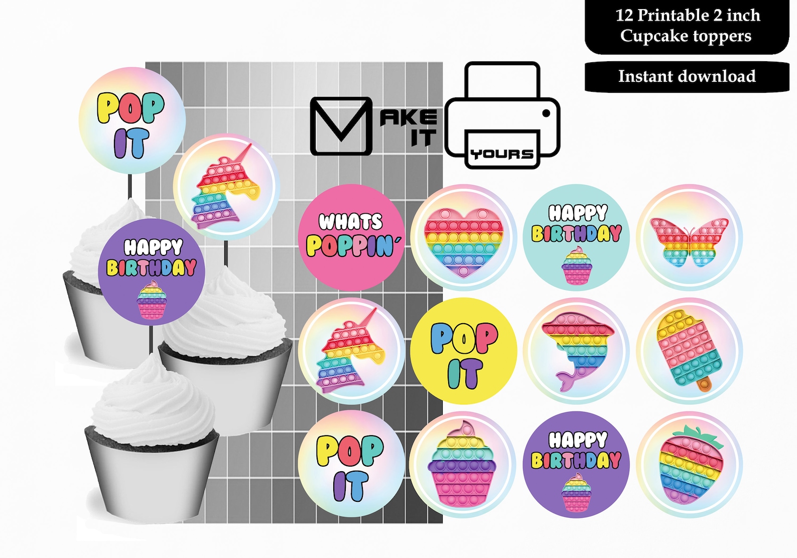 Pop It Cupcake Toppers, Pop It Fidget Cake Toppers, Pop It Fidget 2 ...