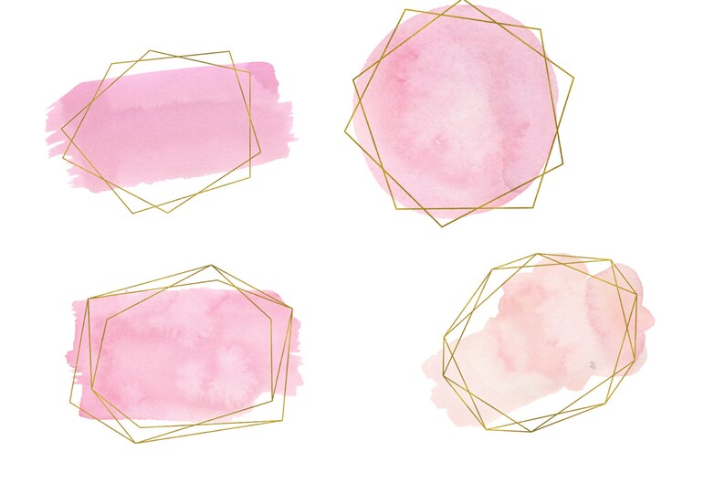 Pink and Gold Frames Clip Art, Watercolor Design Elements, Polygonal ...