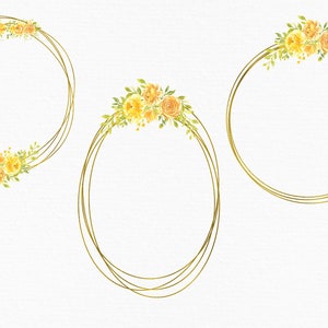 Yellow Watercolor Flowers Frames, Geometric Gold Frames, Yellow Gold ...