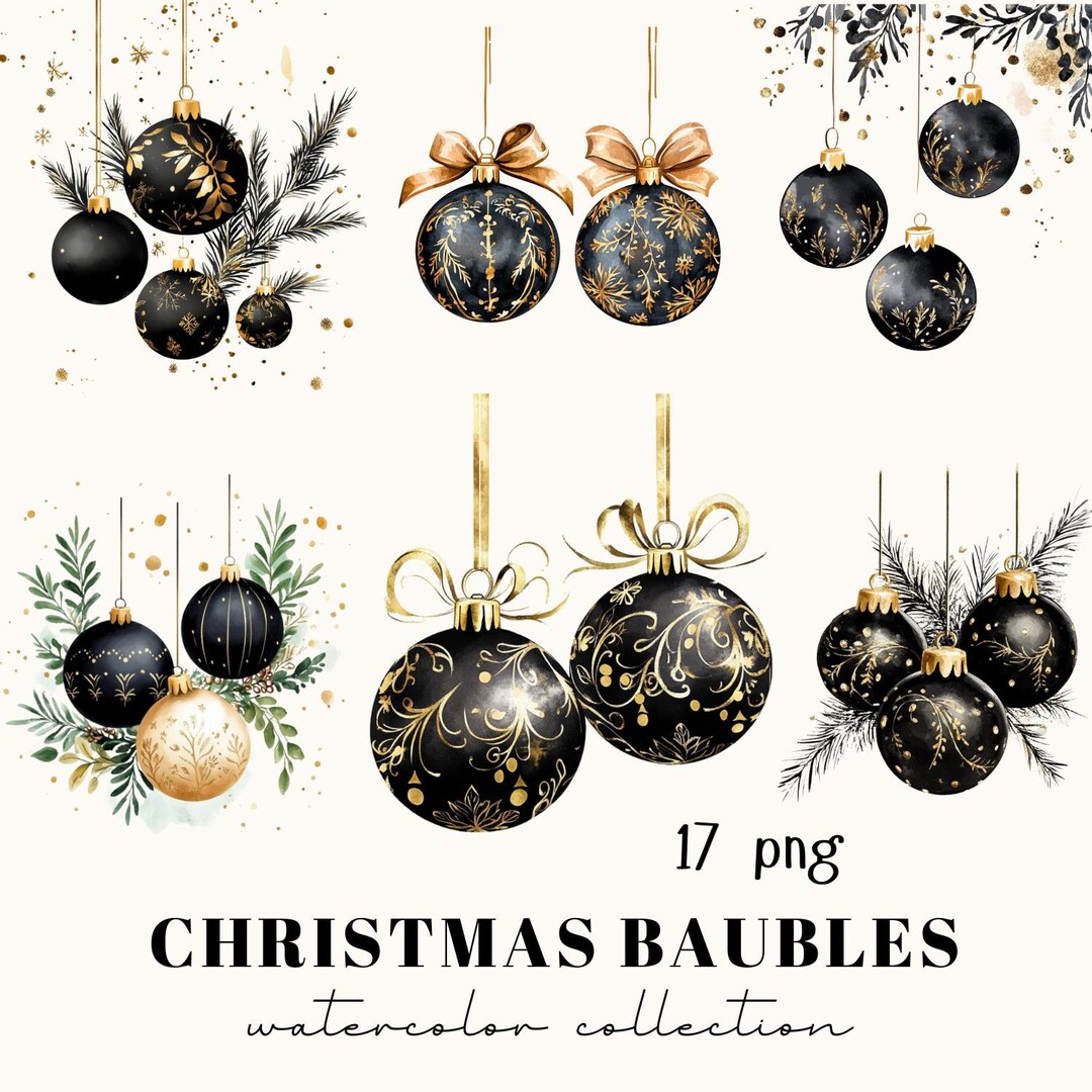 Black Christmas Baubles Clipart Collection, Junk Journal, Scrapbooking ...