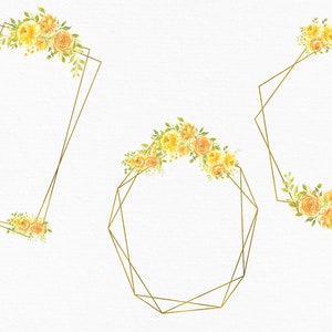 Yellow Watercolor Flowers Frames, Geometric Gold Frames, Yellow Gold ...