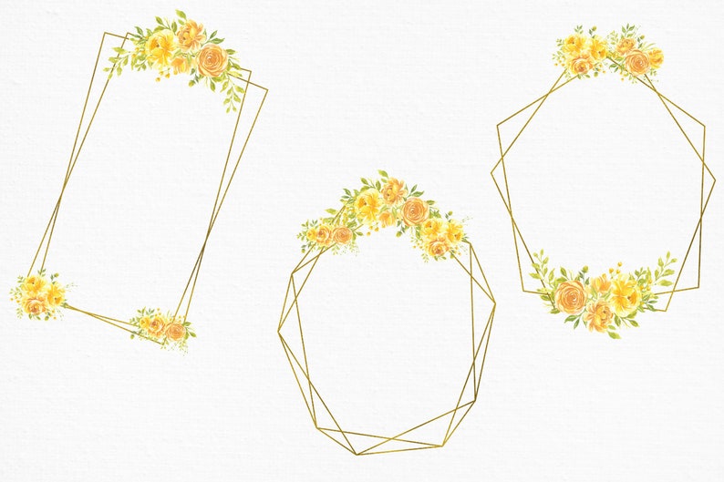 Yellow Watercolor Flowers Frames Geometric Gold Frames - Etsy