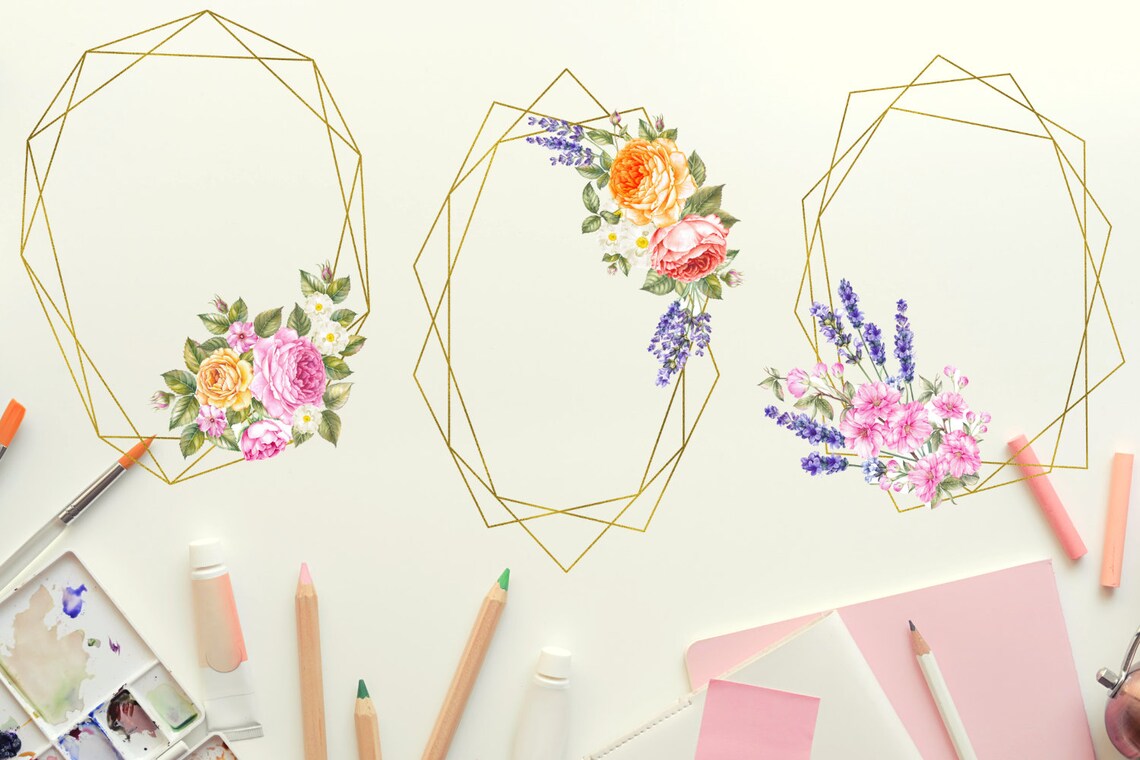 20 Geometric Frames Frames With Vintage Flowers Wedding | Etsy