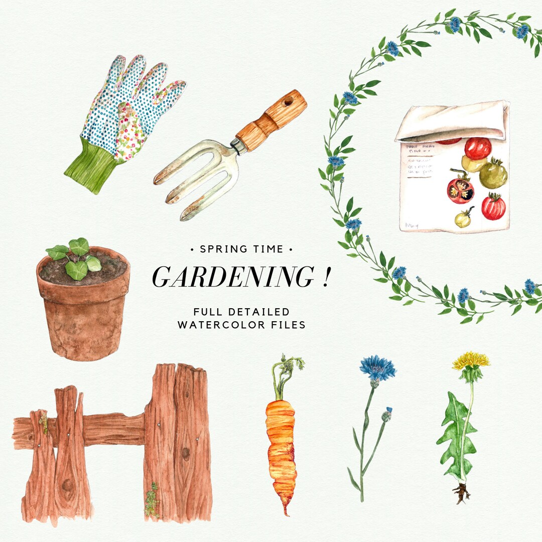 Watercolor Gardening, Clipart Bundle, Watercolor Gardenings Tools PNG ...