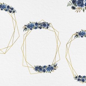 Navy Blue Watercolor Flowers Frames, Geometric Gold Frames, Blue Gold ...