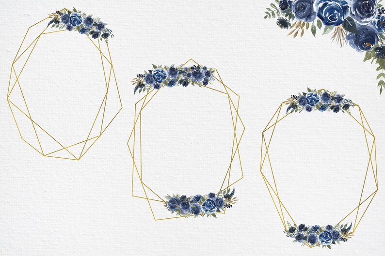 Navy Blue Watercolor Flowers Frames Geometric Gold Frames | Etsy