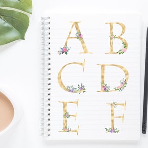 Delicate Roses Floral Printable Alphabet, Gold Foil Alphabet, Floral ...