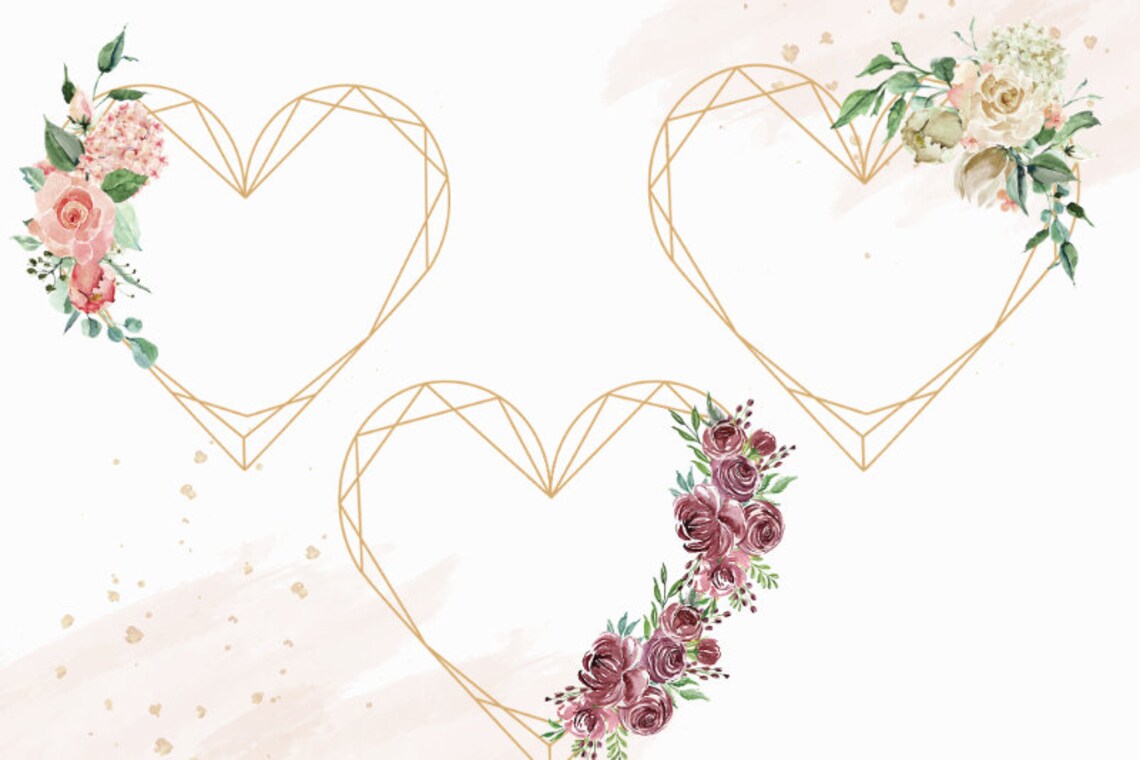 Heart Shaped Watercolor Flowers Frames, Geometric Gold Frames - Etsy UK