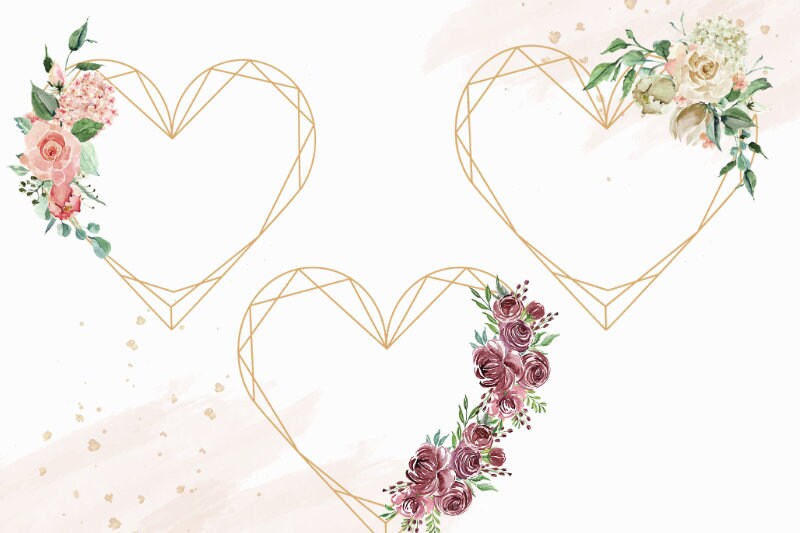 Heart Shaped Watercolor Flowers Frames, Geometric Gold Frames - Etsy