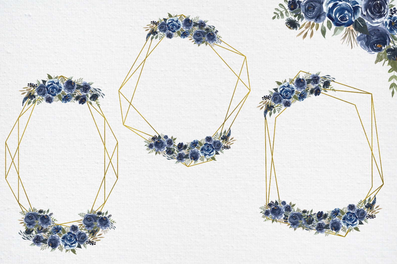 Navy Blue Watercolor Flowers Frames, Geometric Gold Frames, Blue Gold ...
