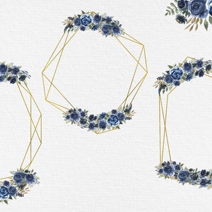 Navy Blue Watercolor Flowers Frames, Geometric Gold Frames, Blue Gold ...
