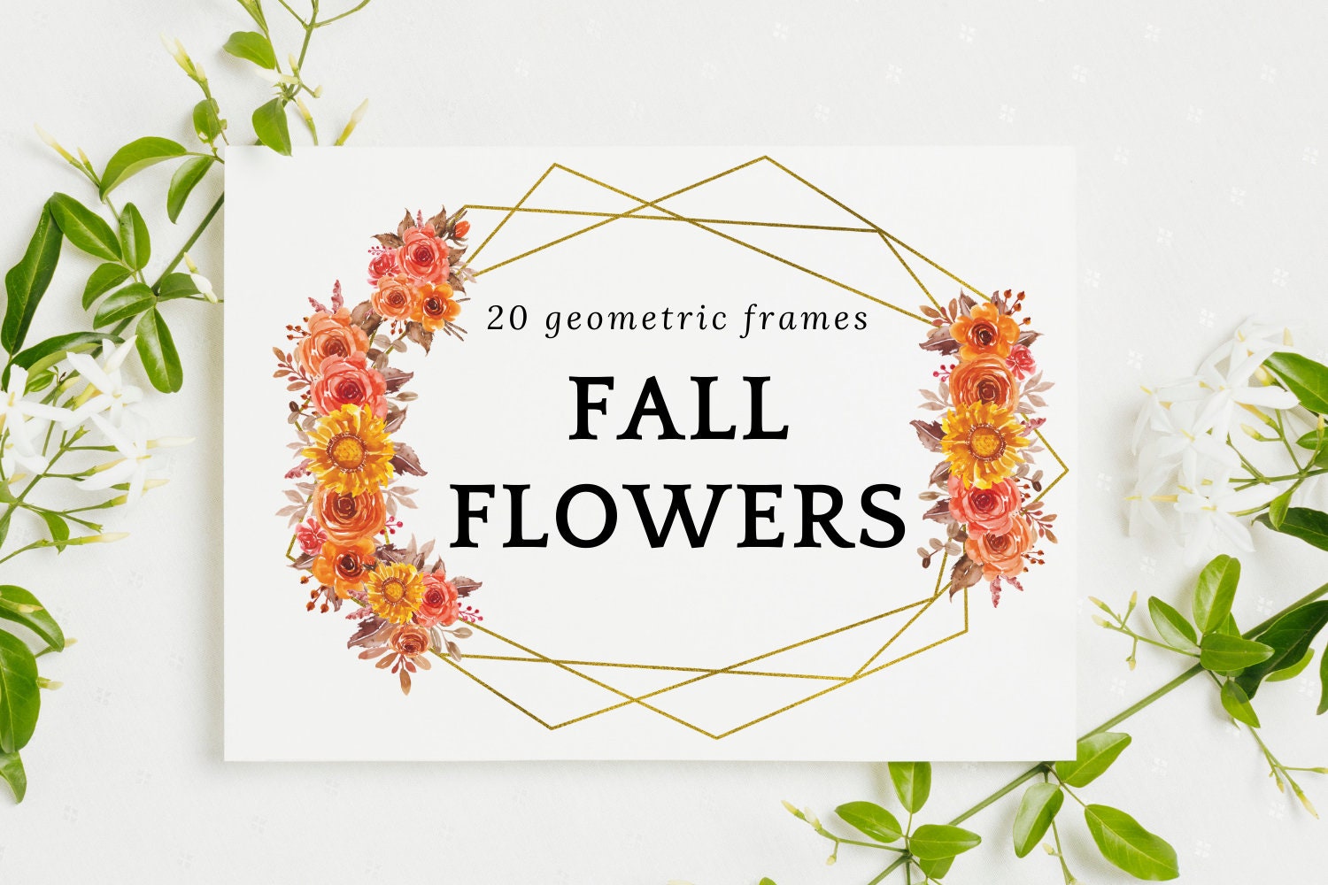 Fall Flowers Watercolor Frames, Geometric Gold Frames, Yellow Gold ...