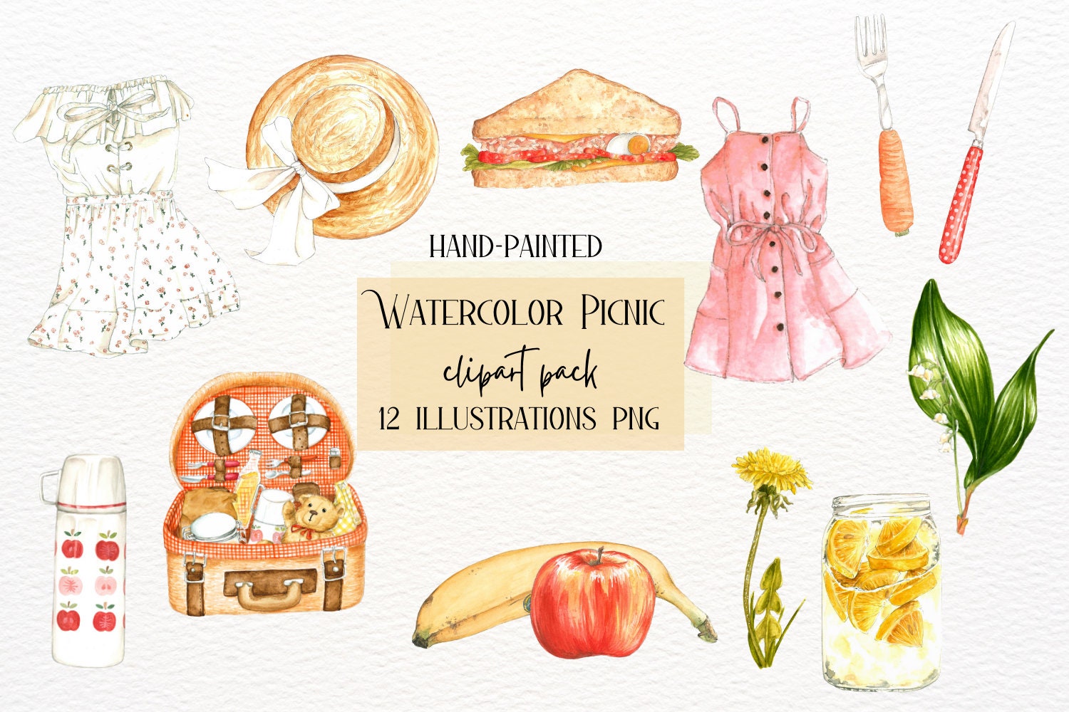 Watercolor Picnic Clipart, Watercolor Bundle, Picnic Basket Clipart - Etsy