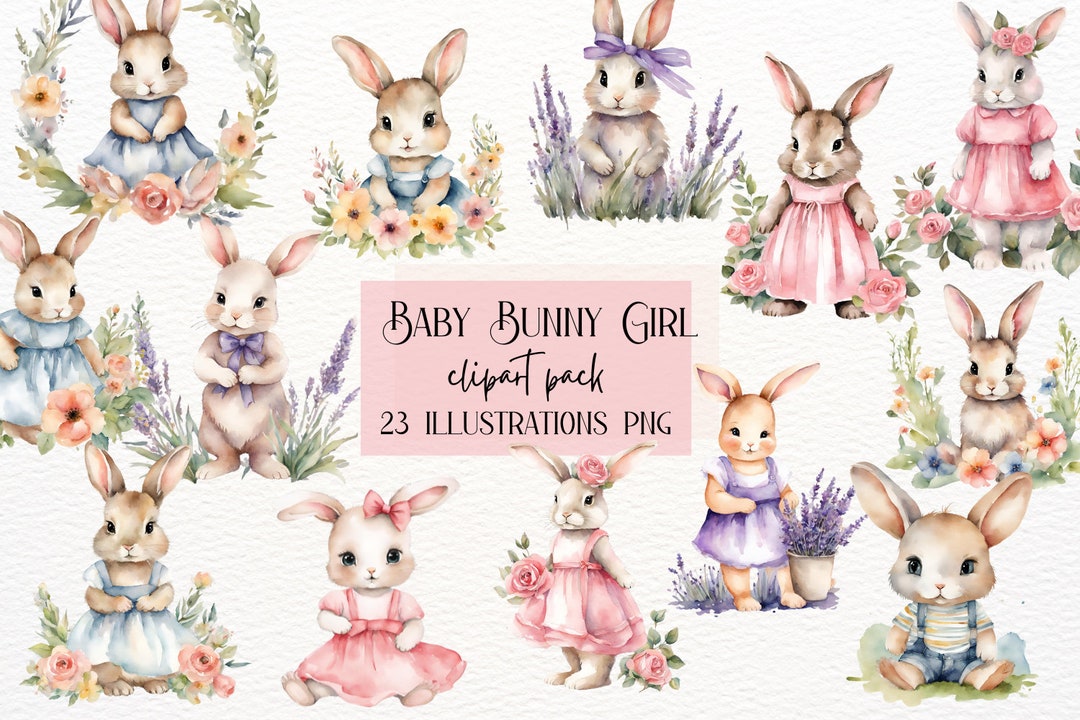 Baby Bunny Rabbit Clipart, Baby Bunny Girl, Watercolor Bunnies, Nursery ...