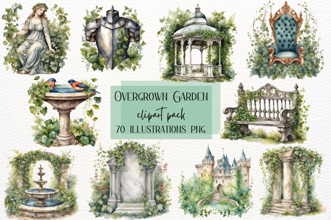 Watercolour Secret Garden Clipart, Overgrown Garden, Gardening Clipart ...