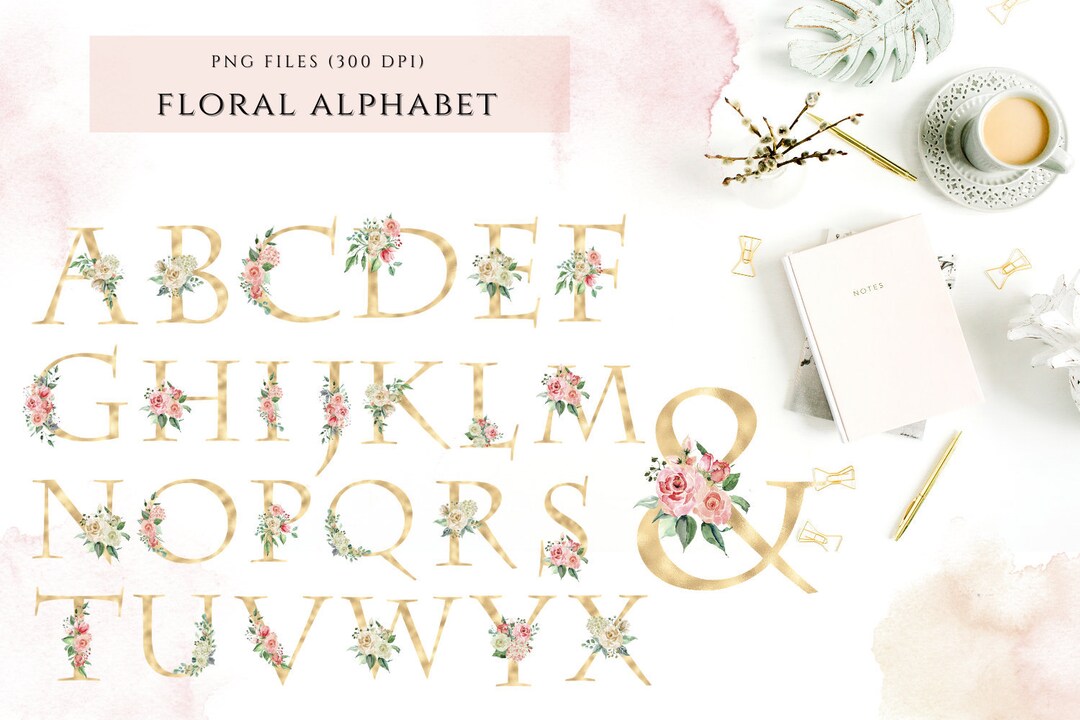 Gold Foil Alphabet With Flowers, Floral Alphabet, Rose Wedding Alphabet ...