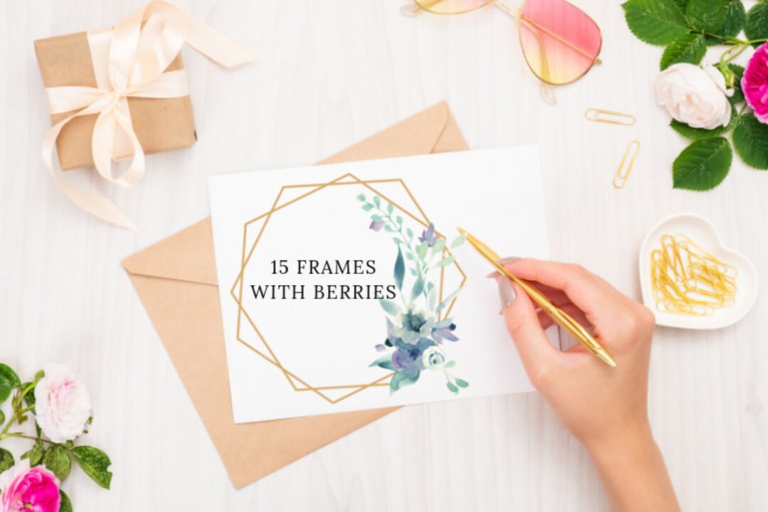 15 Geometric Frames With Flowers & Berrries, Watercolor Clipart, Frames ...