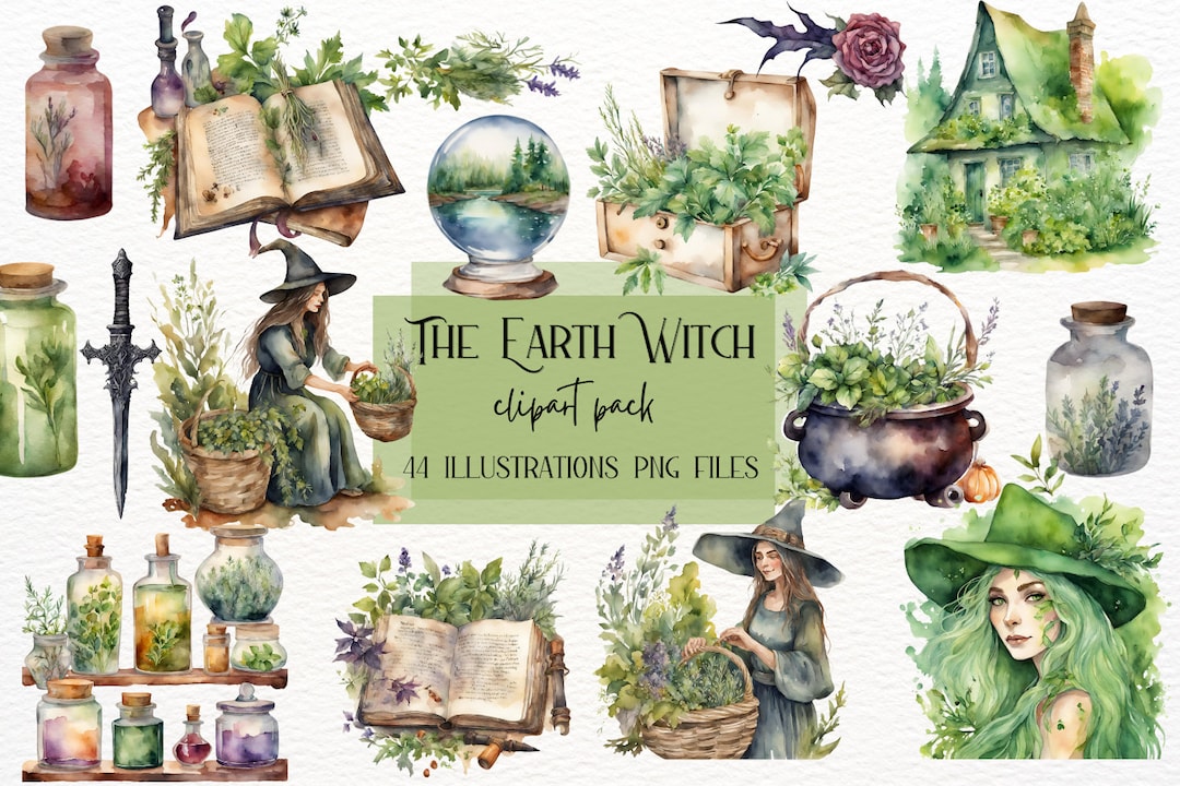 Earth Witch Watercolor Clipart: Herbal Art Illustrations (digital ...