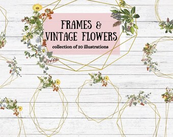 20 Geometric Frames Frames With Vintage Flowers Wedding - Etsy