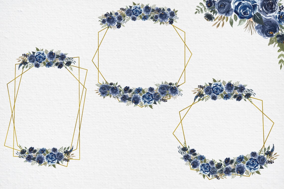 Navy Blue Watercolor Flowers Frames Geometric Gold Frames | Etsy